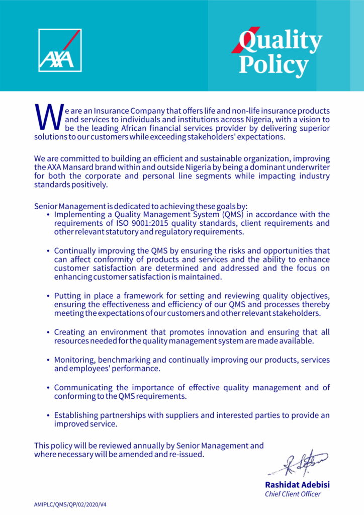 Quality Policy - AXA Mansard