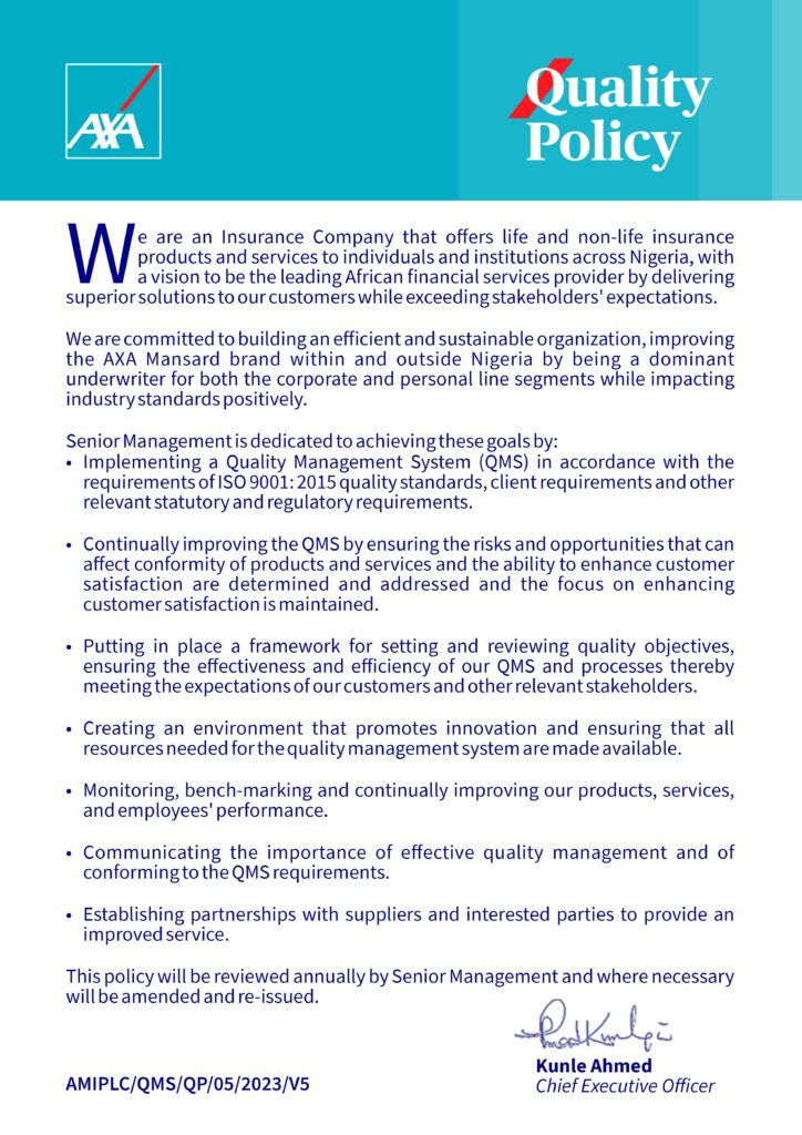 Quality Policy - AXA Mansard